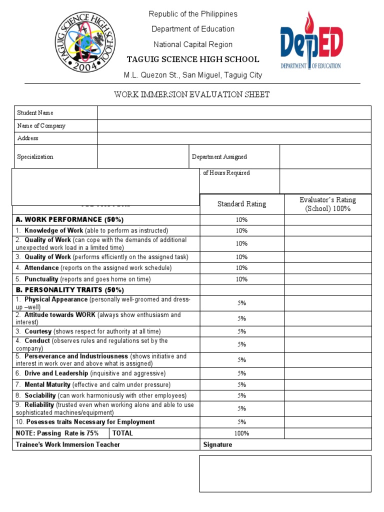 Work Immersion Evaluation Sheet | PDF | Behavioural Sciences | Applied ...