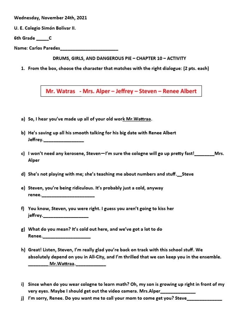 Drums, Girls, and Dangerous Pie Ch. 10 Activity | PDF