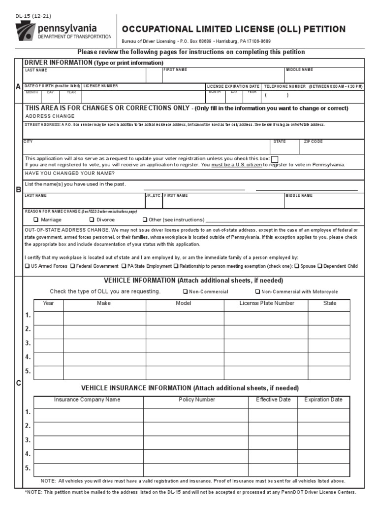 Petition for an Occupational Limited License to Drive for Work, Medical Treatment, or Education ...
