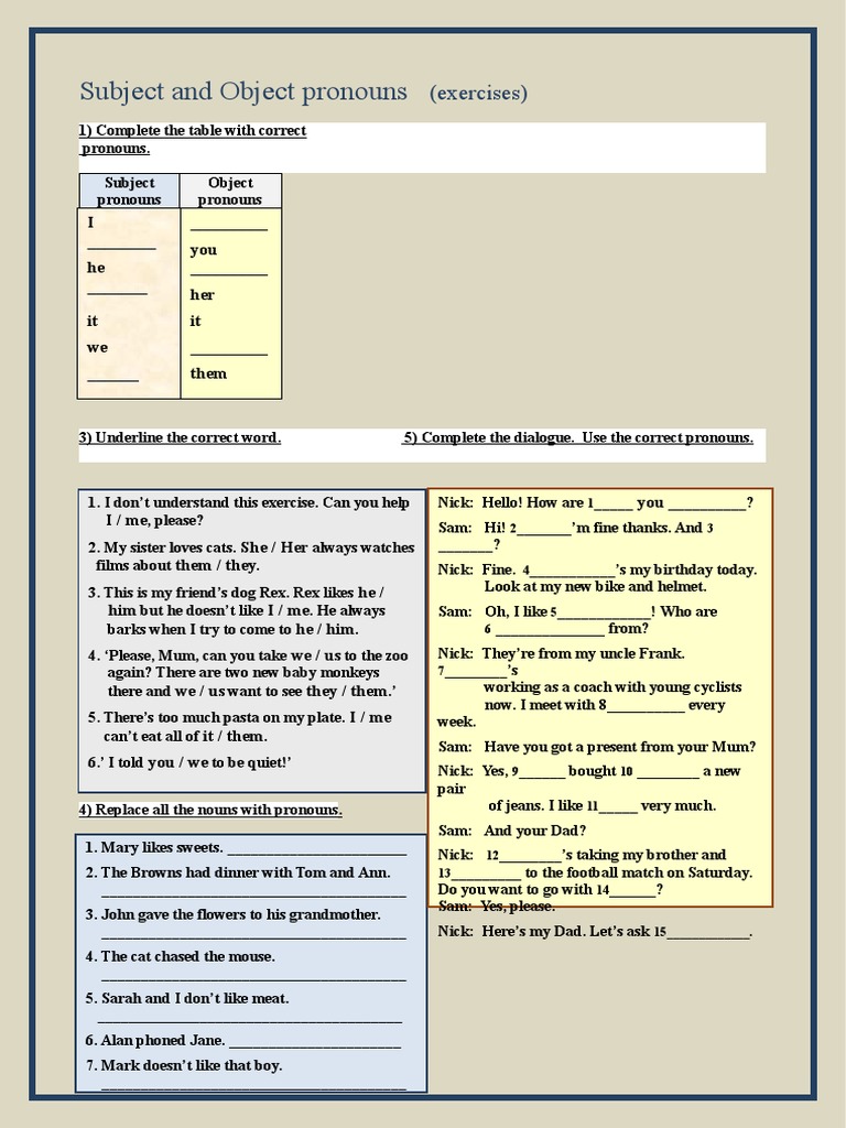 Subject and Object Pronouns: (Exercises) | PDF | Pronoun | Syntax
