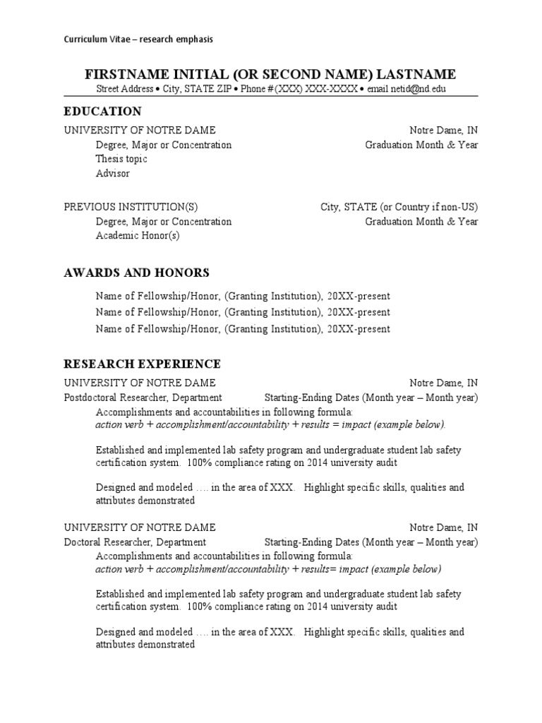 Notre Dame Research CV Template | PDF | University | Educational Stages
