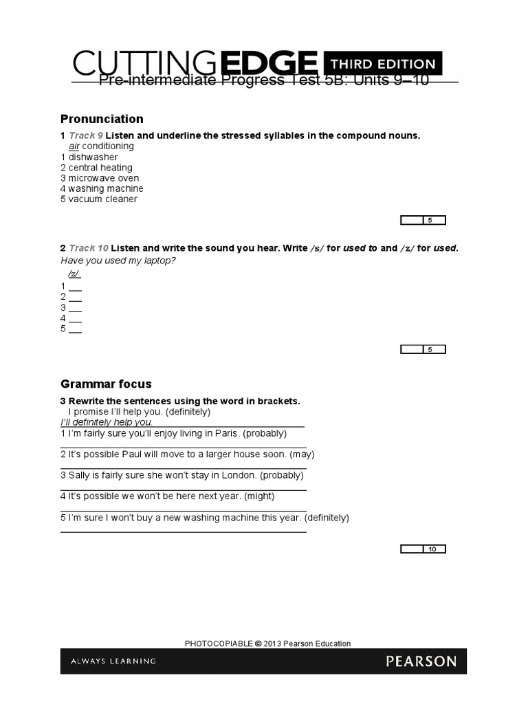 Pre-Intermediate Progress Test 5B: Units 9-10: Pronunciation | PDF ...