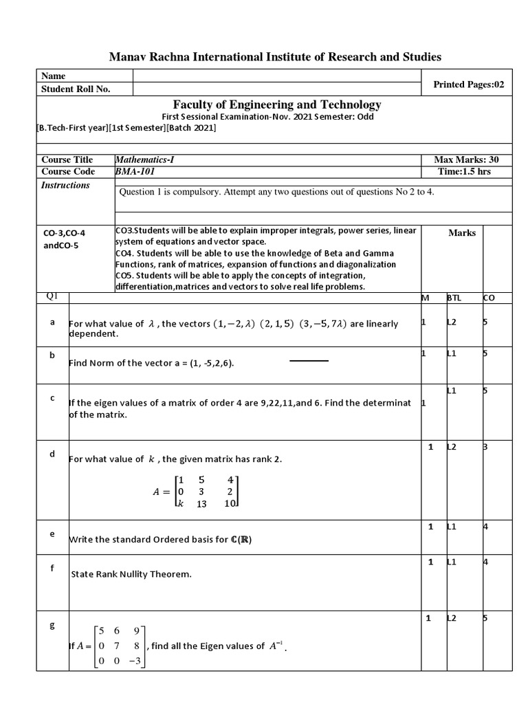 Sessional 2 BMA 101 | PDF | Matrix (Mathematics) | Eigenvalues And ...