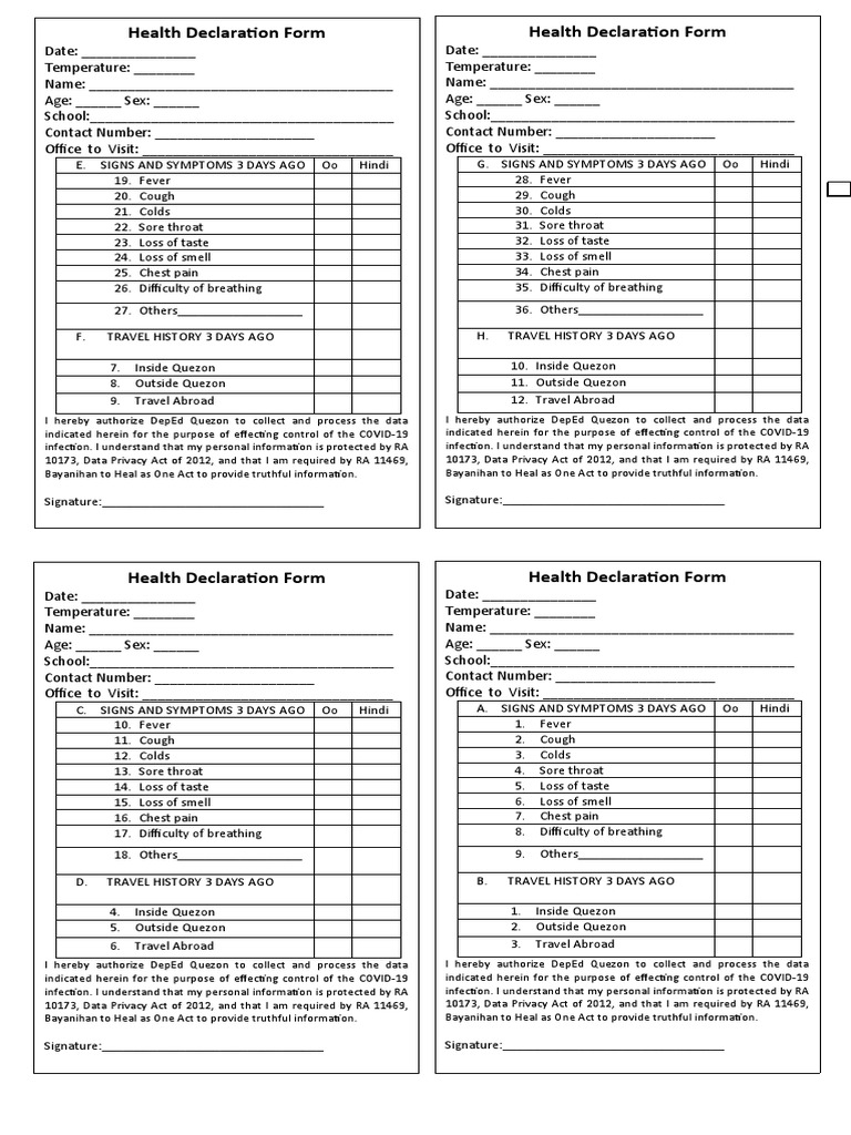 Health Declaration Checklist School | PDF | Common Cold | Immunology