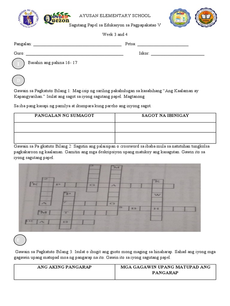 Esp Answersheet Week 3 4 | PDF