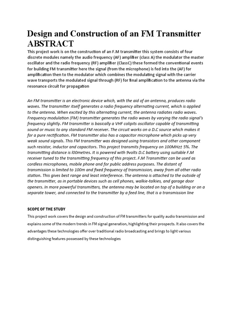 Design and Construction of An FM Transmitter | PDF | Transmitter | Radio