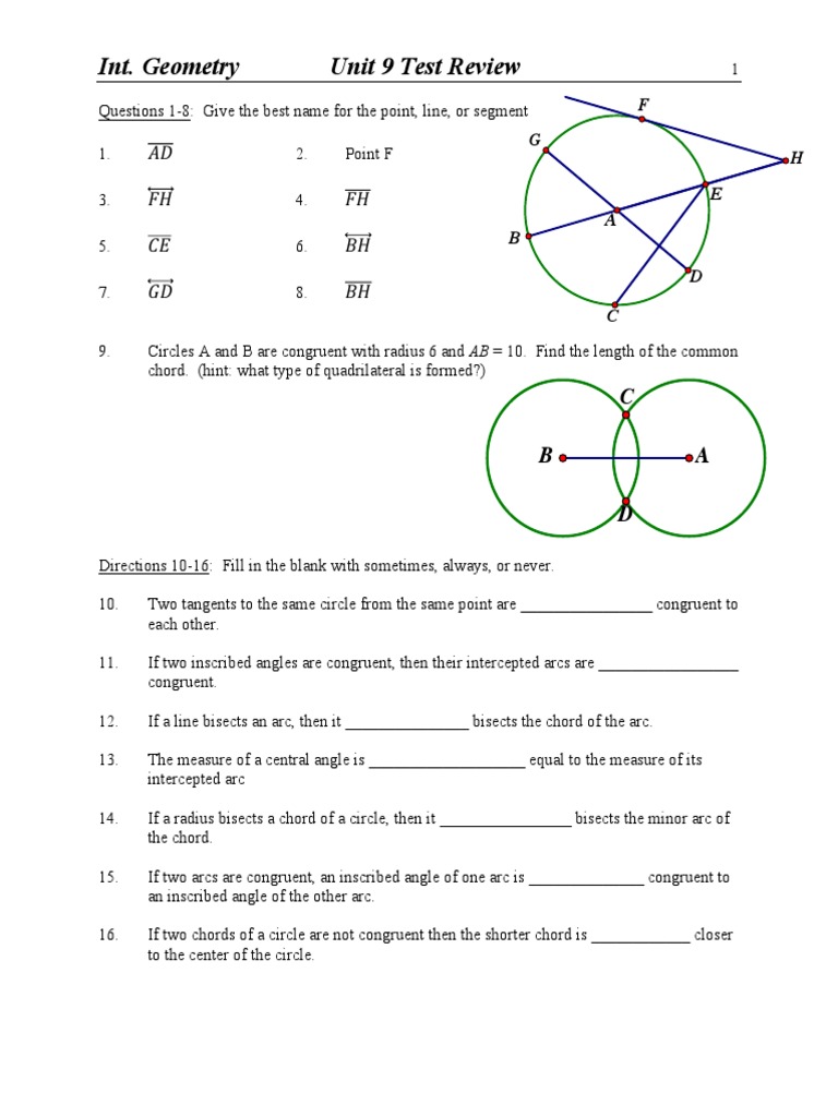 Int. Geometry Unit 9 Test Review | PDF | Circle | Angle
