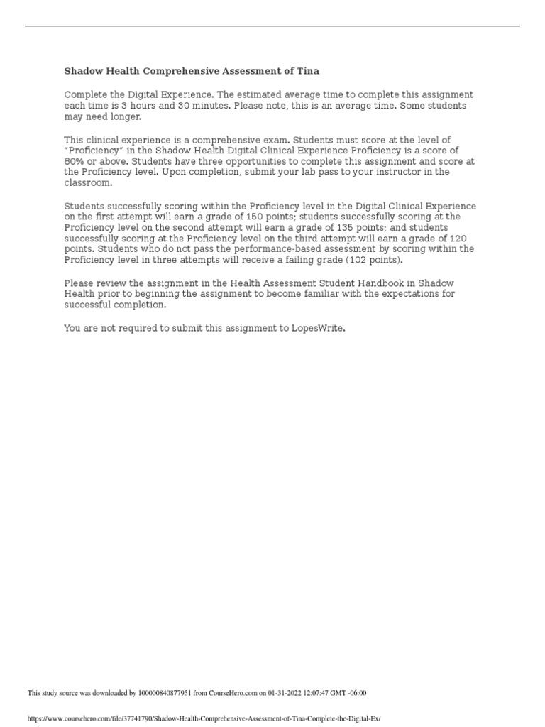 Week 4 Shadow Health Comprehensive Assessment of Tina | PDF | Learning ...