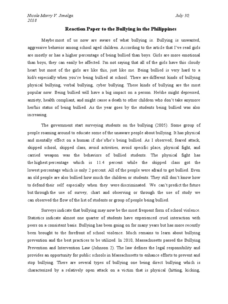 Reaction Paper (Bullying) | PDF | Bullying | Cyberbullying