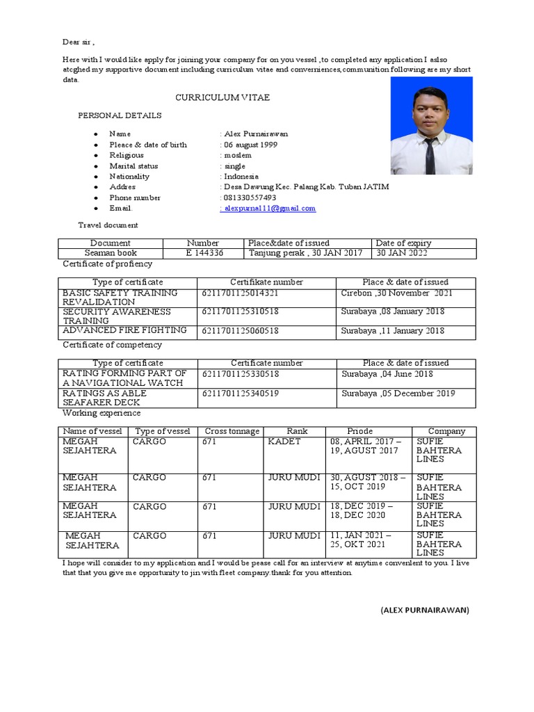 Application for a Deck Rating Position on Board Cargo Vessels Along ...