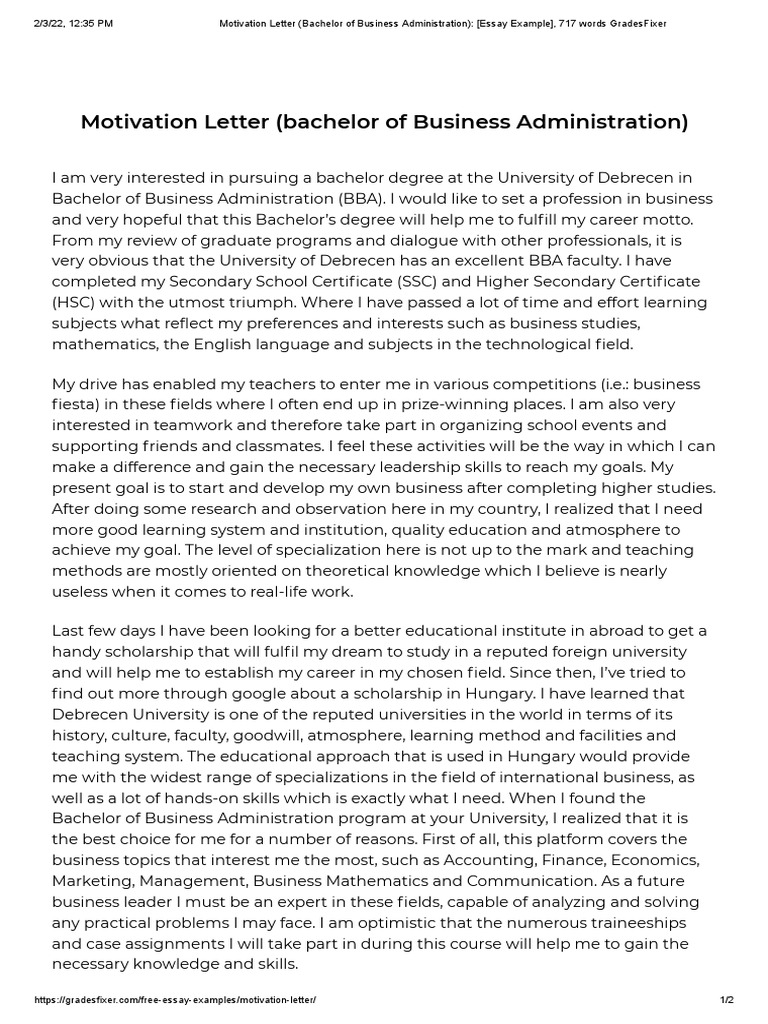 Motivation Letter (Bachelor of Business Administration) | PDF ...