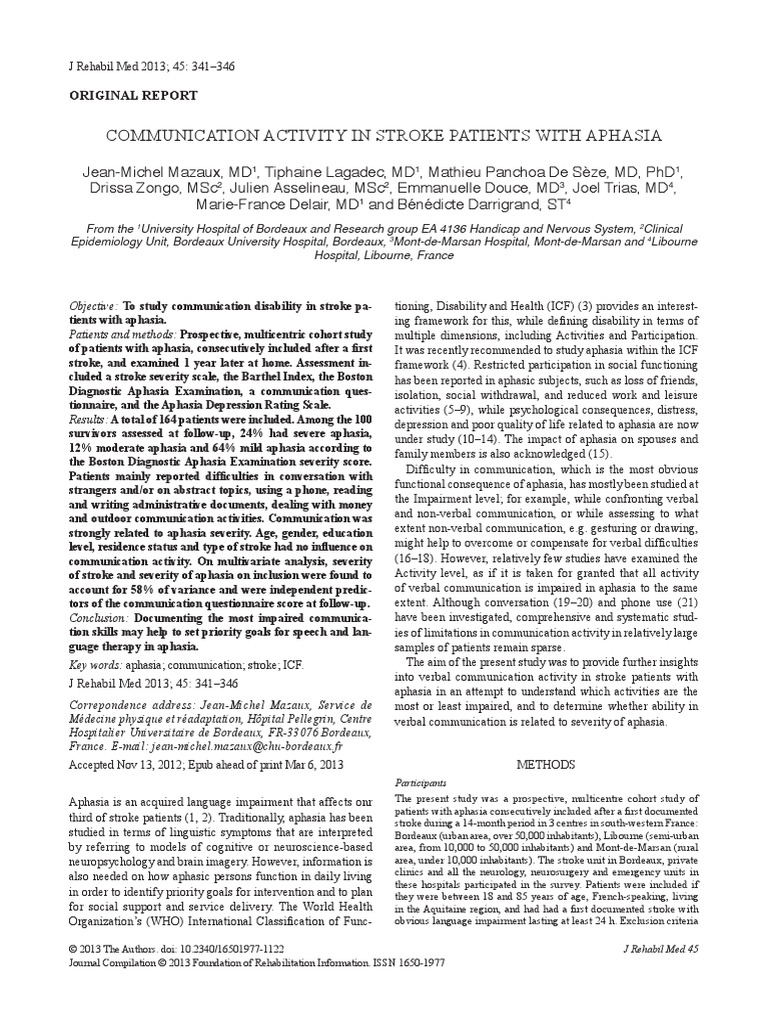 Communication Activity in Stroke Patients With Aphasia: Original Report ...