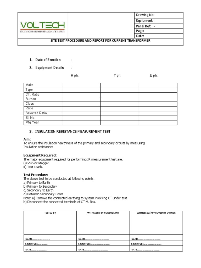 Site Test Procedure and Report For Current Transformer: 1. Date of ...