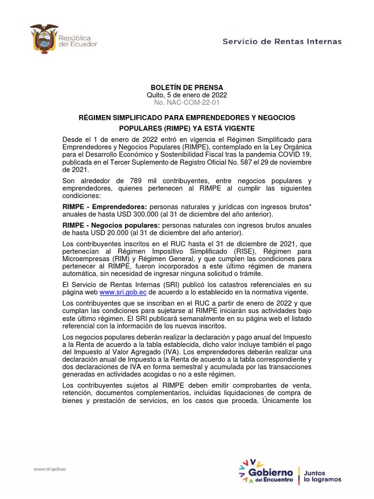 Boletín 001 - Régimen Simplificado para Emprendedores y Negocios ...