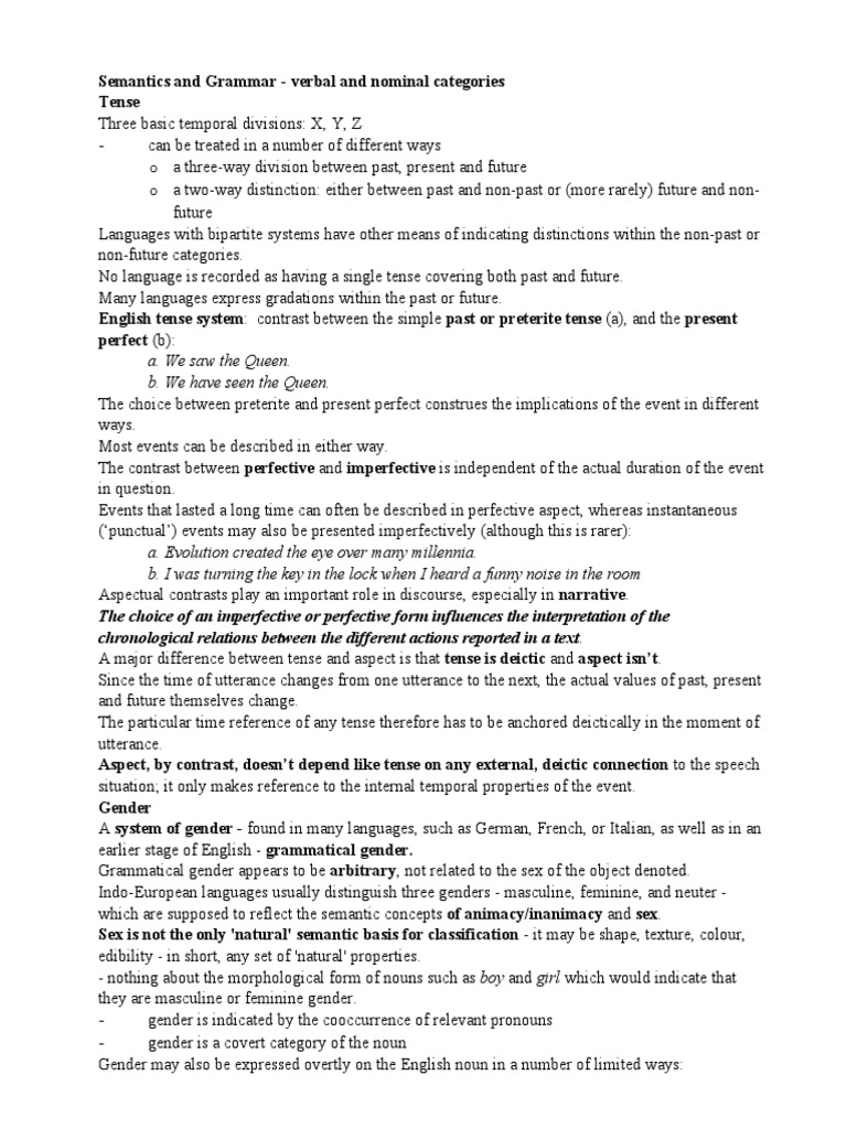 Lecture Notes Semantics and Grammar - Categories | PDF | Grammatical ...