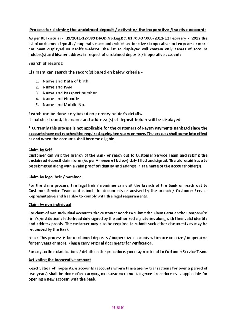 Claim Process for Unclaimed Deposits | PDF | Banks