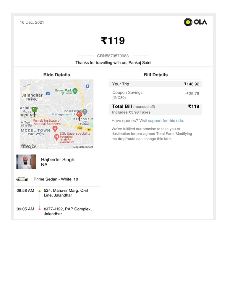 An analysis of ride details and invoices from a trip with Ola Cabs on ...