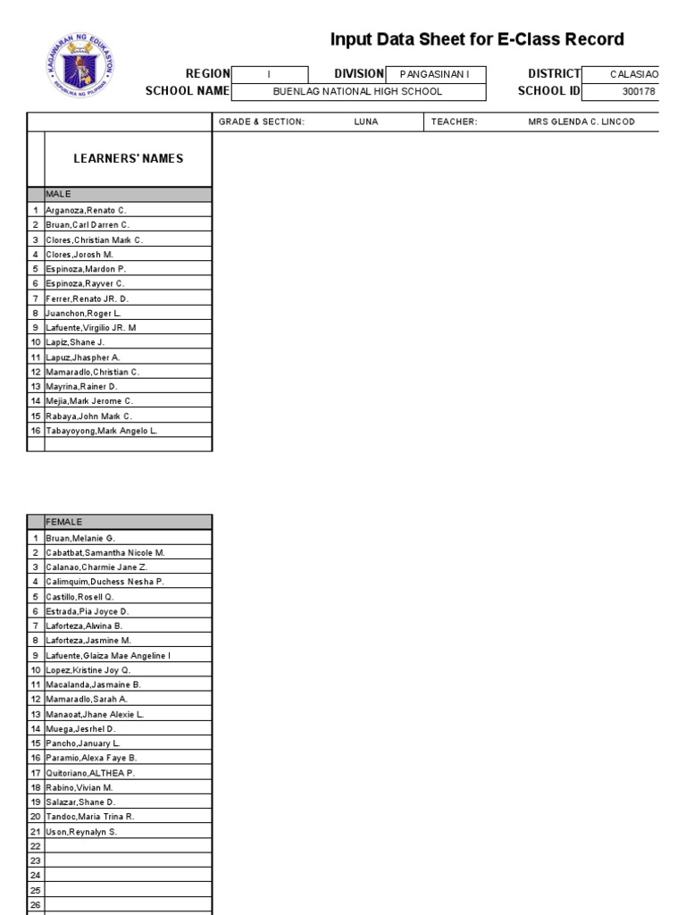 Input Data Sheet For E-Class Record: Region Division District School ...