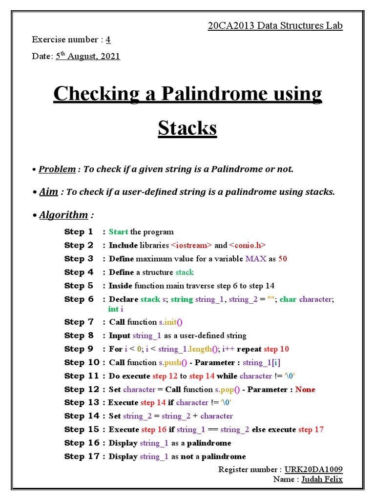 Exercise 4 - Checking A Palindrome Using Stacks | PDF | Subroutine ... Exercise 4 - Checking A Palindrome Using Stacks | PDF | Subroutine ...