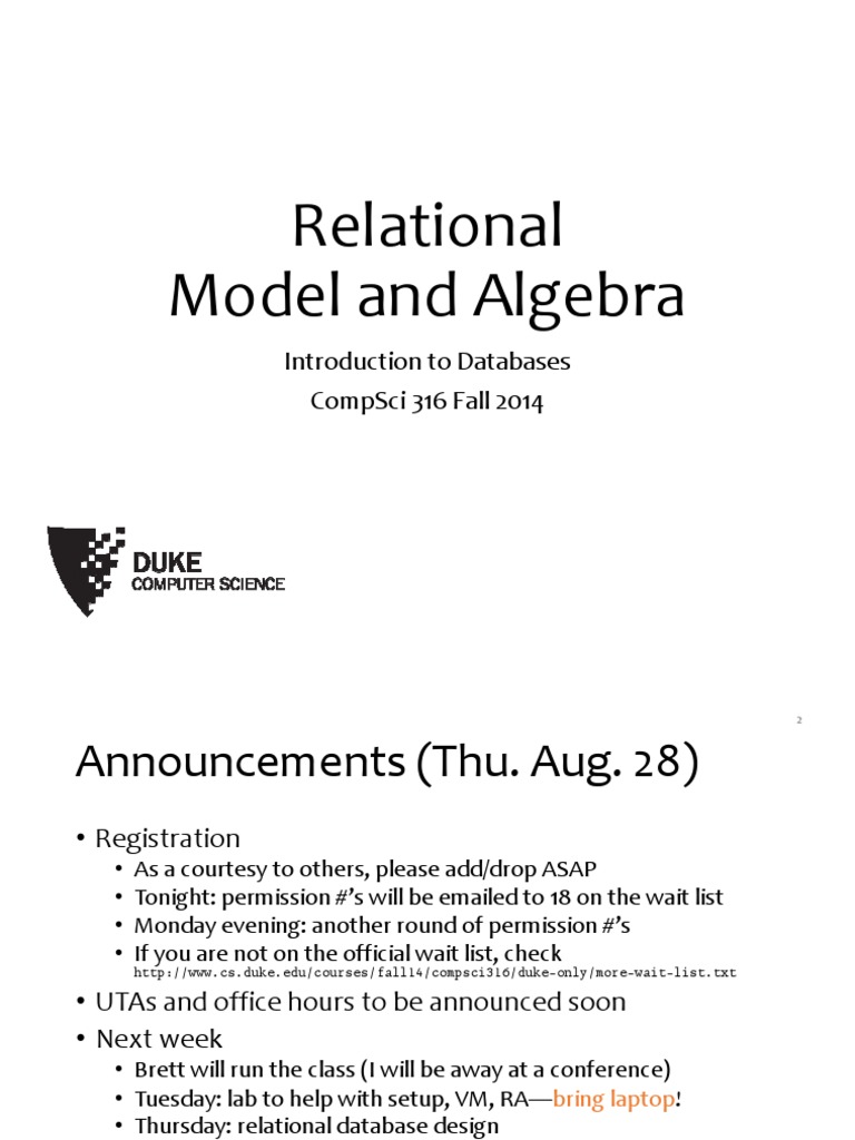 Relational Model and Algebra Introduction | PDF | Relational Model ...