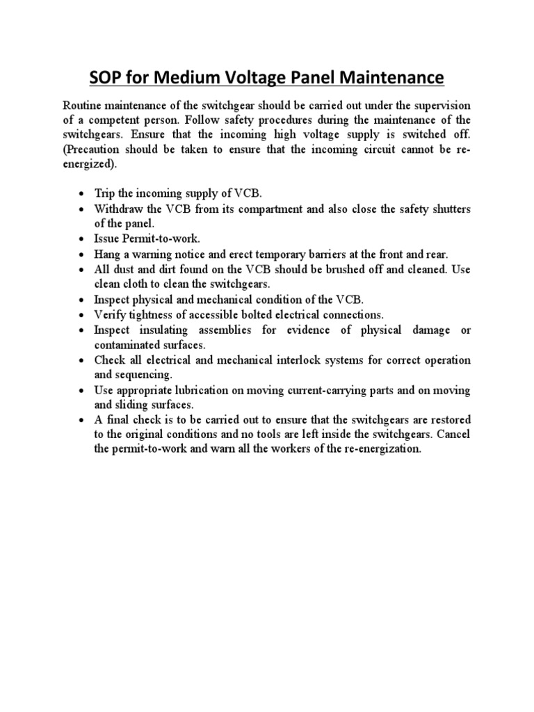 SOP For Medium Voltage Panel Maintenance | PDF