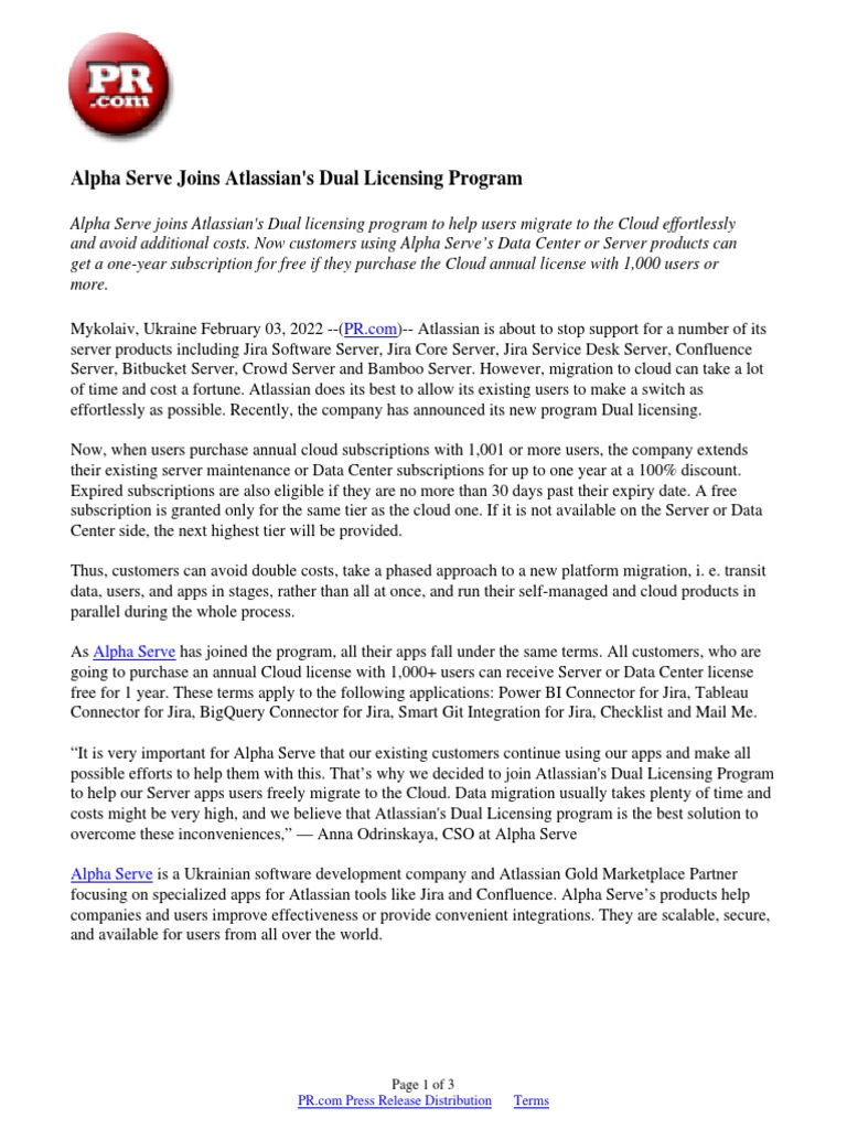 Alpha Serve Joins Atlassian's Dual Licensing Program | PDF | Cloud ...