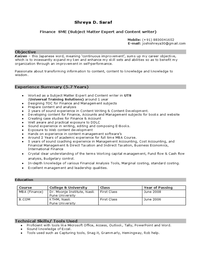 Shreya Content Developer and Finance SME Resume | PDF | Educational ...