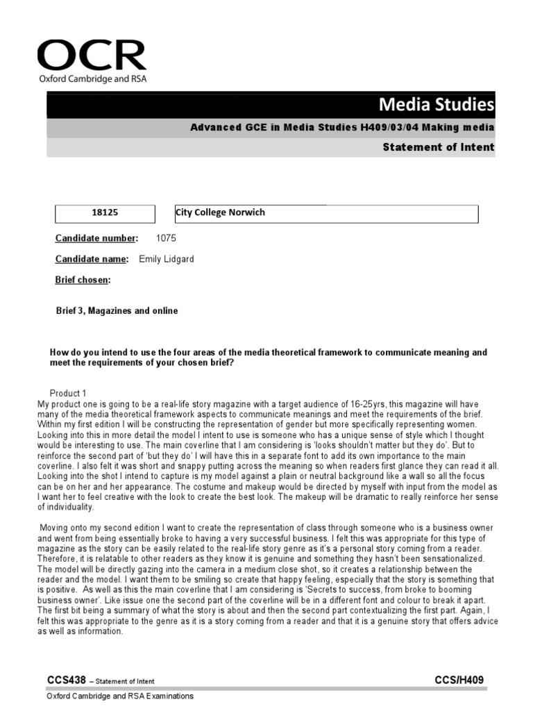 A Level Media Studies Statement of Intent Form Ocr | PDF | Mass Media ...