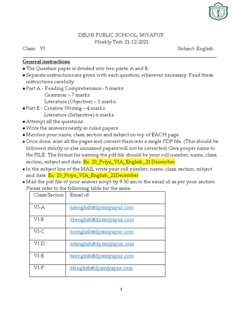 Class VI English Weekly Test Instructions | PDF | Folk Music | Linguistics