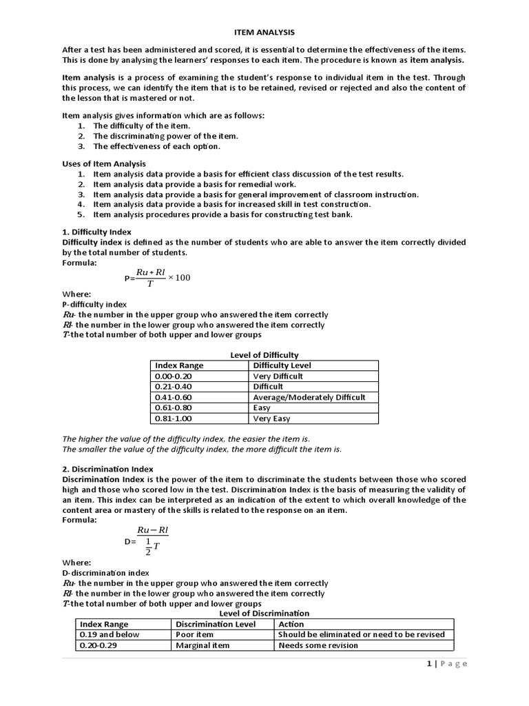 Item Analysis | PDF | Validity (Statistics) | Intelligence Quotient