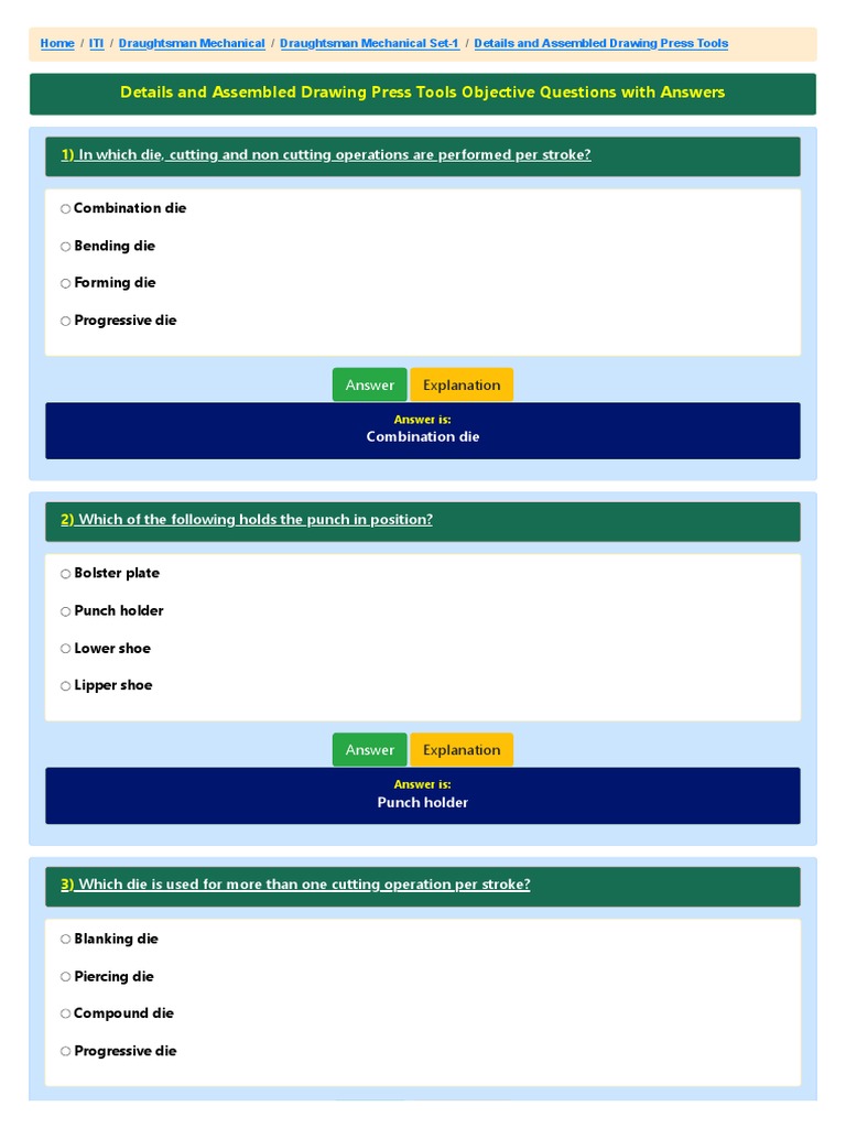 Details and Assembled Drawing Press Tools Objective Questions With ...