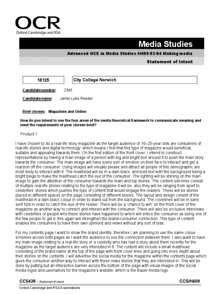 Statement of Intent | PDF | Magazines | Mass Media