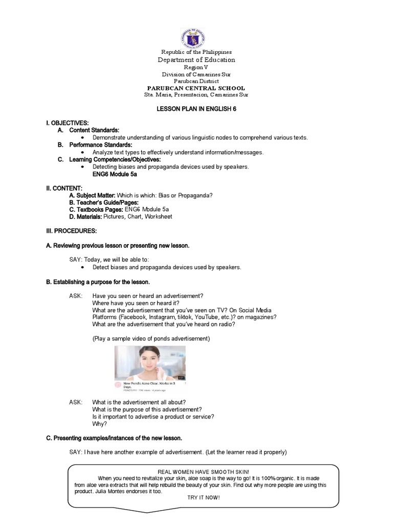 Lesson Plan in English 6 - Cot 1 2021-2022 | PDF | Propaganda | Bias
