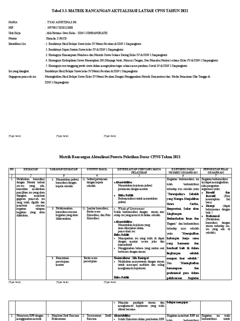 Contoh Pengisian Matrik Rancangan Aktualisasi Latsar CPNS Tahun 2021 | PDF