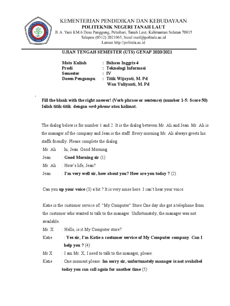 Soal Uts Ing-4 Bu Titik W | PDF