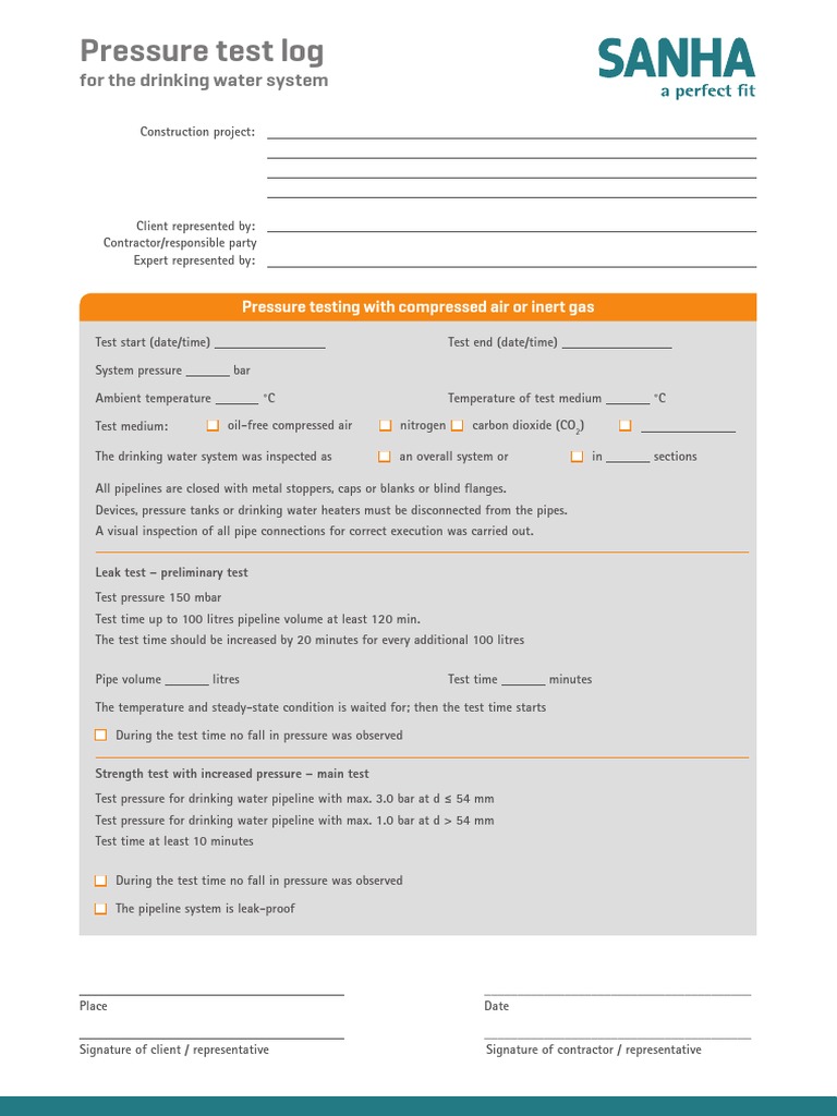 Pressure Test Log: For The Drinking Water System | PDF | Pipeline ...