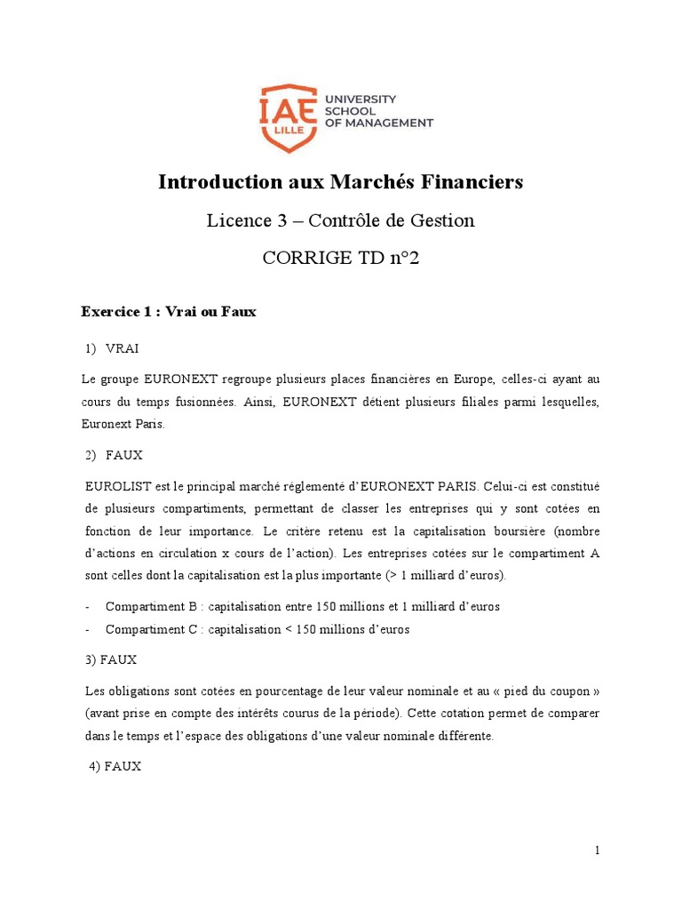 TD2 Corrigé Cours | PDF | Obligation (Finance) | Action (Finance)