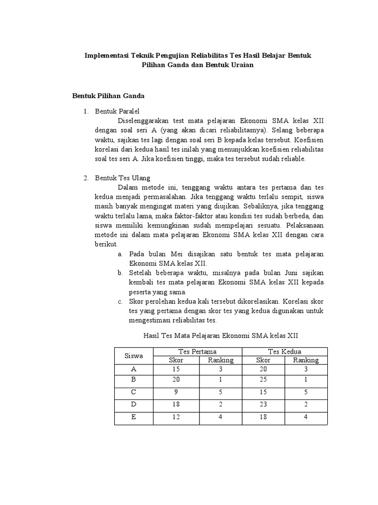 Implementasi Teknik Pengujian Reliabilitas Tes Hasil Belajar Bentuk ...