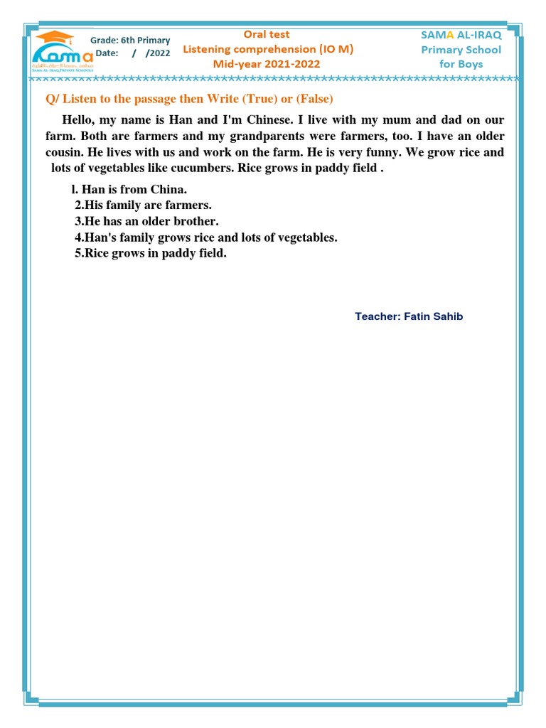 Grade 6 Listening Comprehension Test | PDF