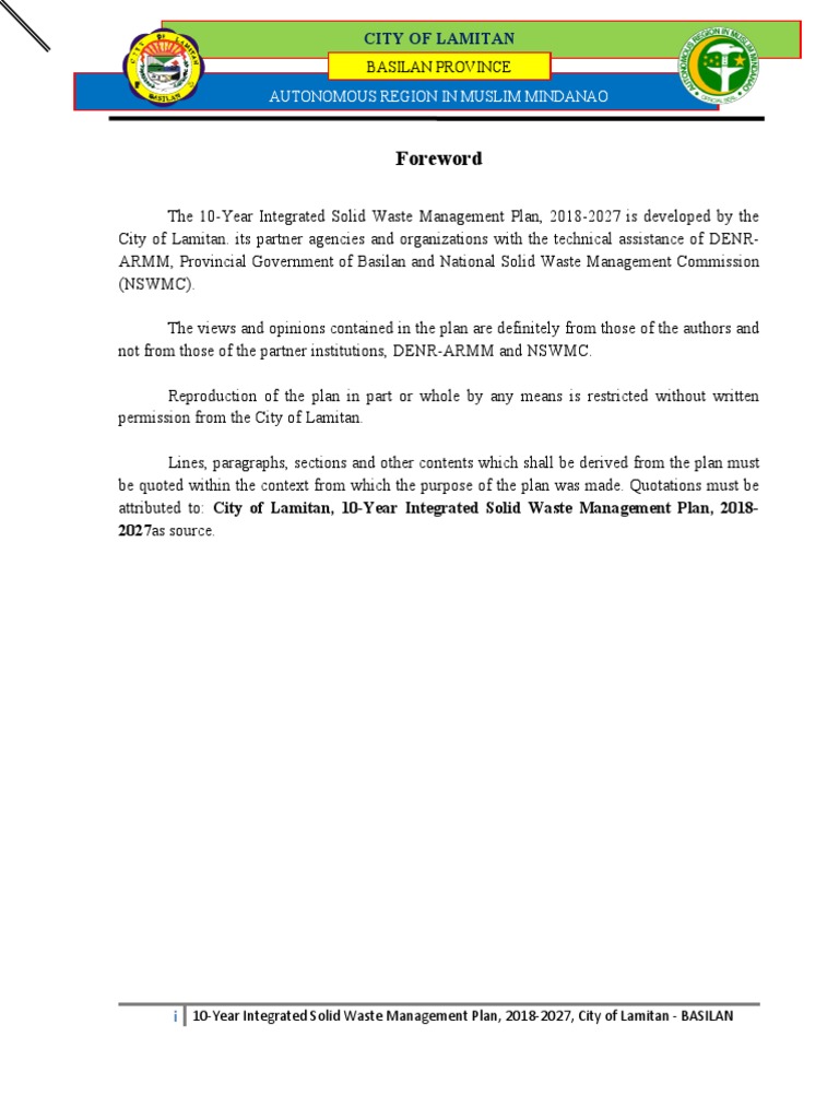 10-Year SWM Plan - Lamitan Final | PDF | Waste Management