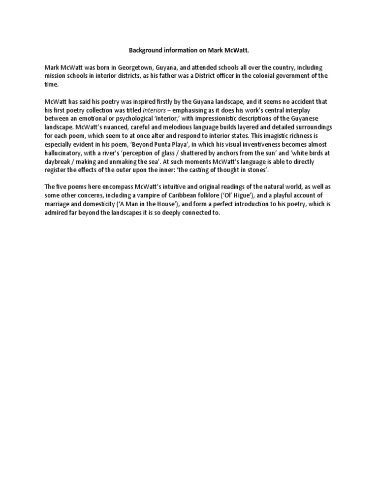 Mark McWatt: Poetry and Landscape Insights | PDF