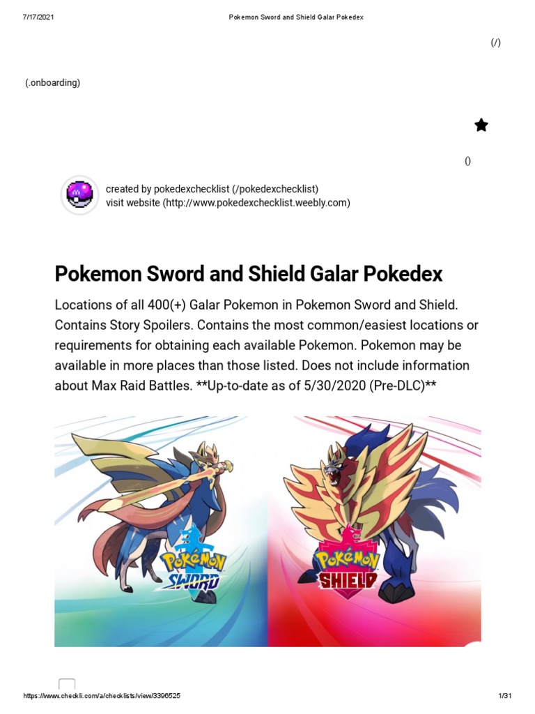 Pokemon Sword and Shield Galar Pokedex: Created by Pokedexchecklist ...