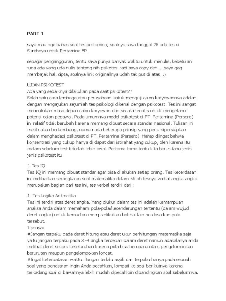 Tips dan Contoh Soal Tes Pertamina | PDF | Pengembangan Diri | Sains ...
