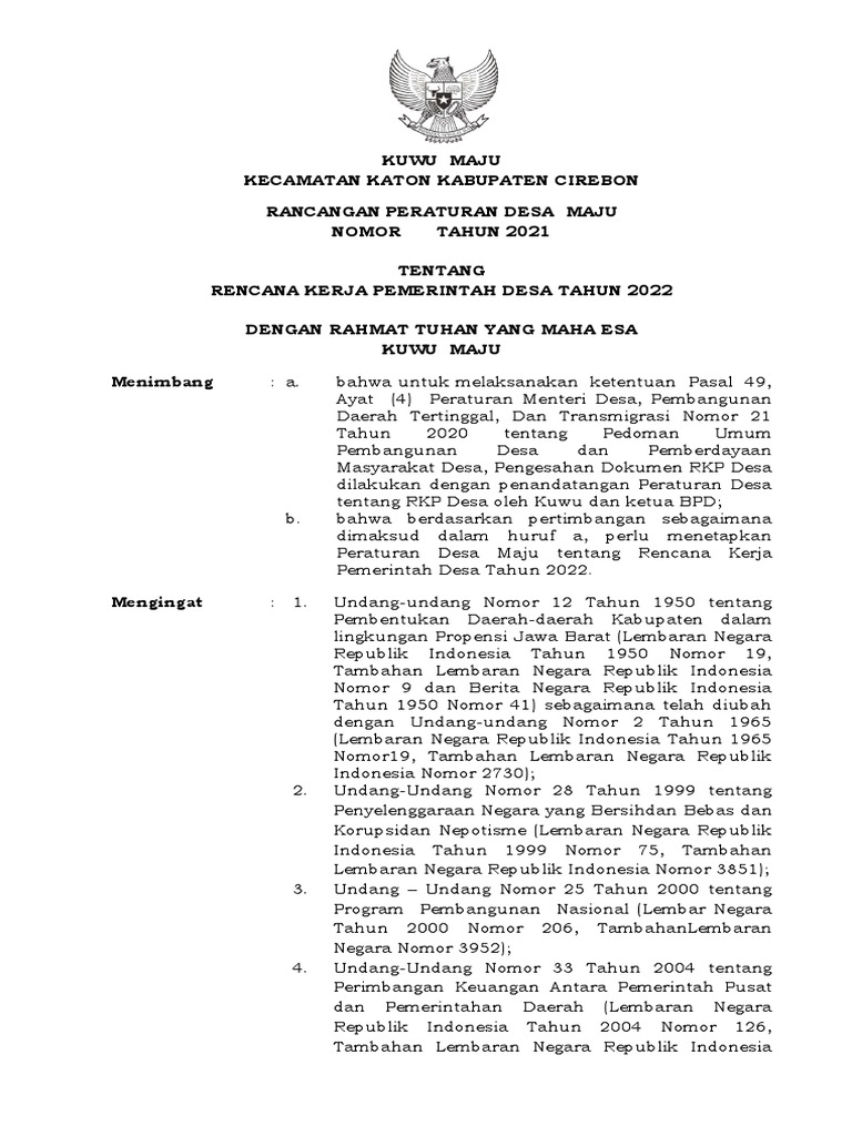 23 Contoh Format Perdes Tentang Pengesahan RKP Desa | PDF