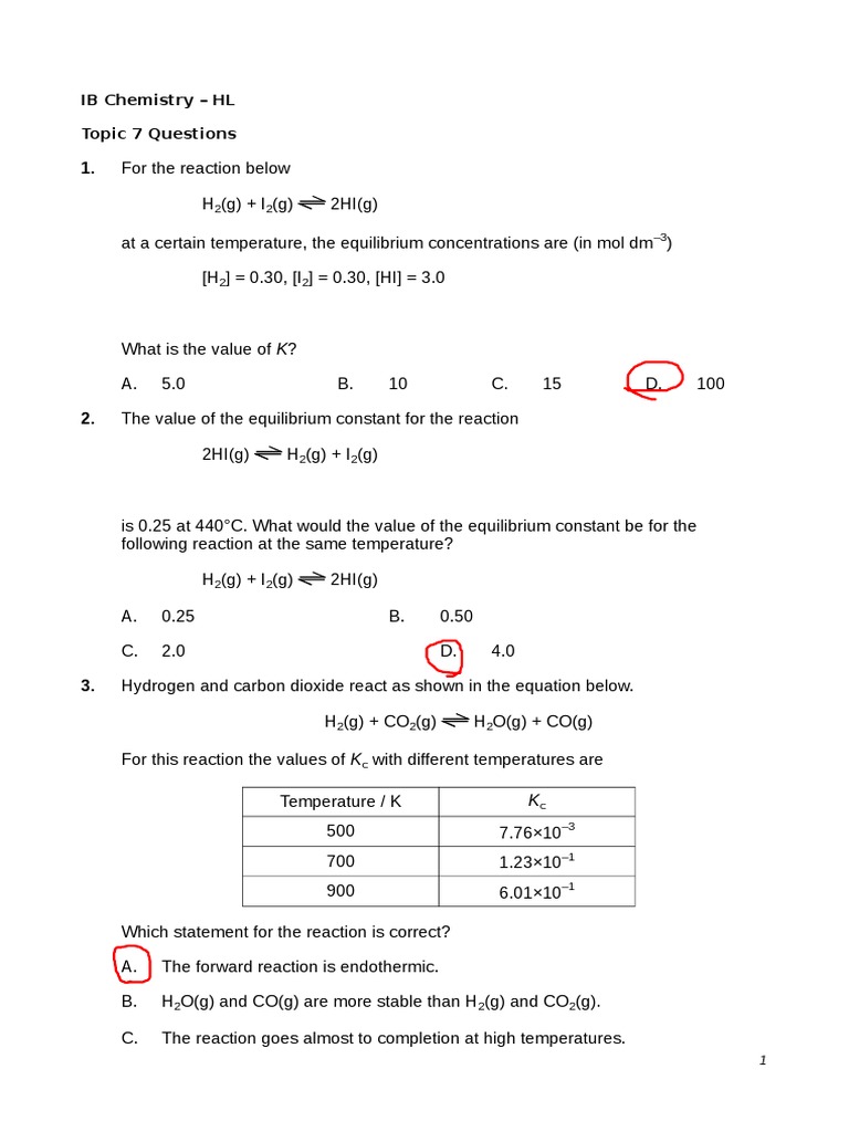 IB Chemistry HL Topic 7 Equilibrium Practice Questions | PDF | Chemical ...