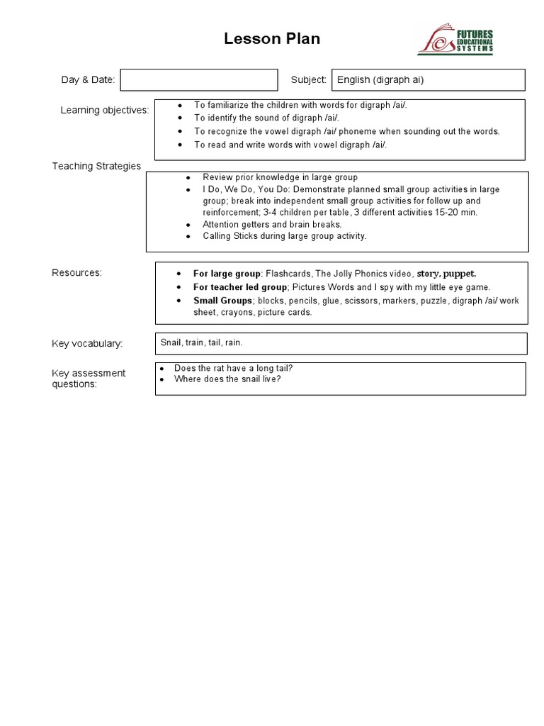 Lesson Plan: Day & Date: Subject: English (Digraph Ai) Learning ...
