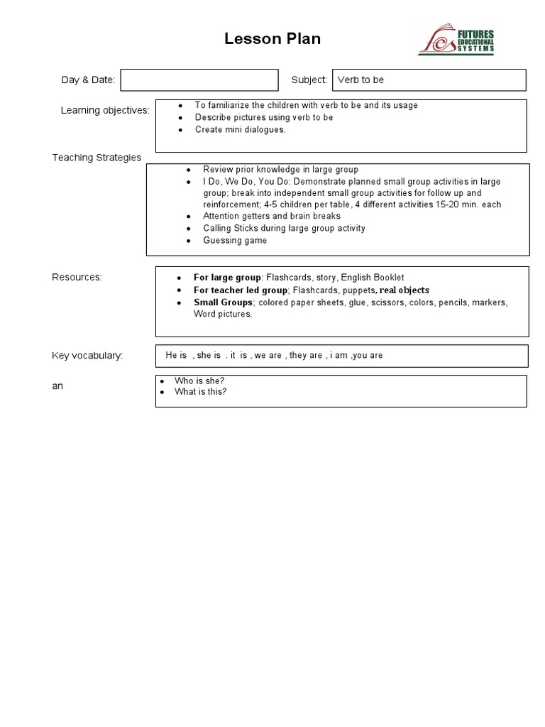 Verb To Be Plan | PDF | Language Arts & Discipline | Education Theory