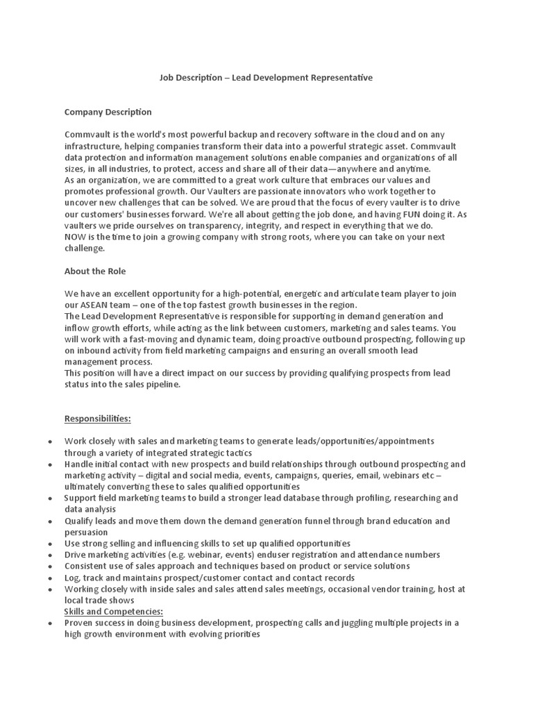 Lead Development Representative - JD | PDF | Sales | Marketing