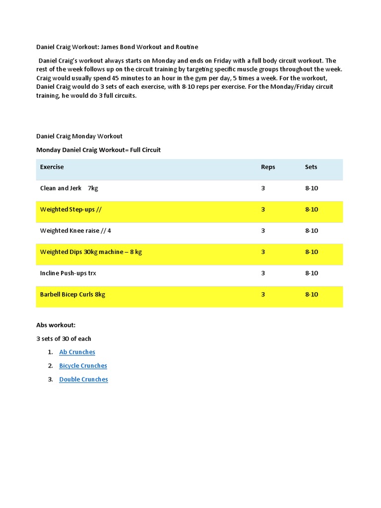 Daniel Craig's James Bond Workout Routine | PDF | Hobbies | Weight