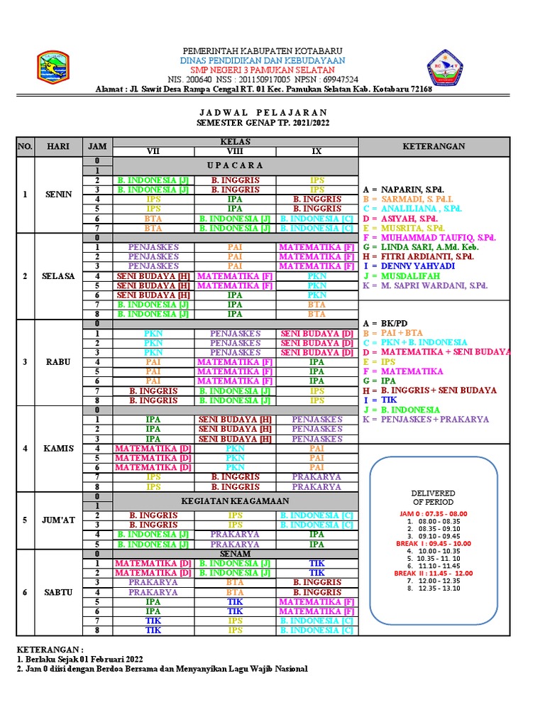 Jadwal Pelajaran TH 2021 | PDF